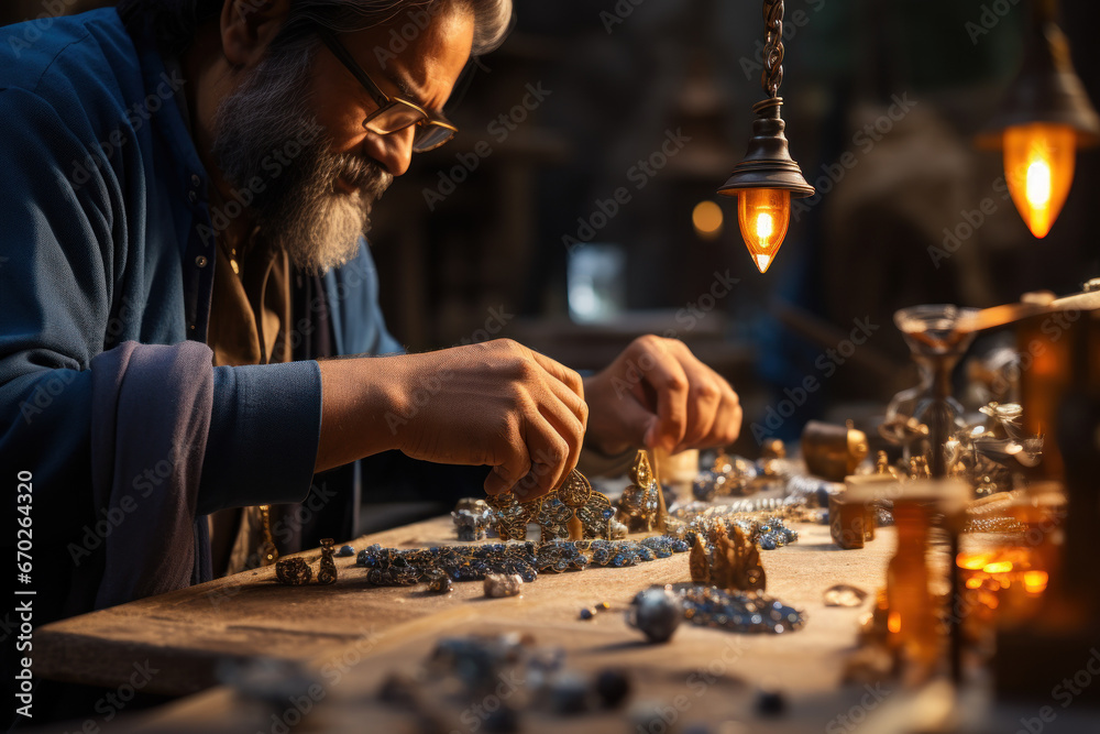 An artisan crafting handmade jewelry using materials from various parts ...
