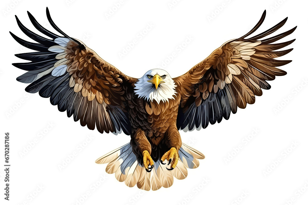 The bald eagle bird flying, front view, isolated on white, watercolor ...