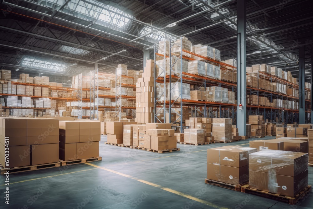 boxes cardboard lot foreground racks high warehouse industrial large ...
