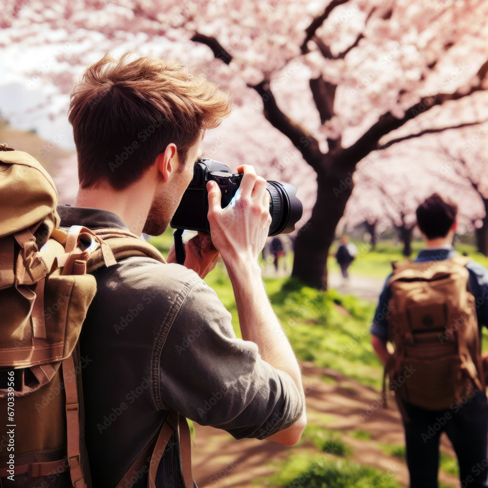 Behind the scenes of a male backpacker taking a camera to take photos ...