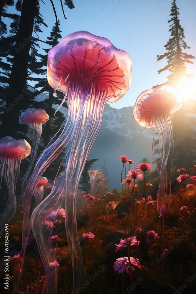 floating deep near trees stunning pink sunlight outer worlds mycology ...