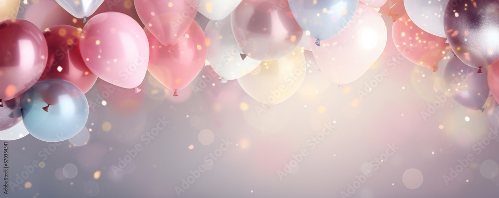 Soft gentle Birthday background composition with balloons and confetti ...