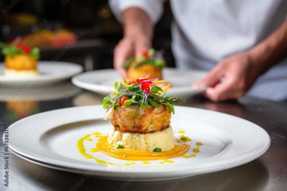 hand plating crab cake with asparagus and mashed potato Stock Photo ...