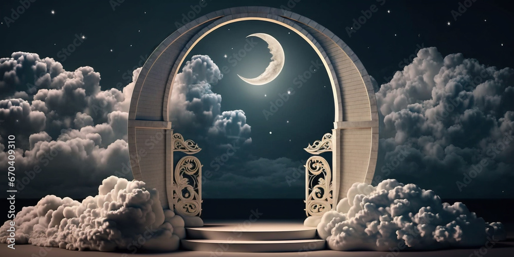 Background template with crescent moon shining through an baroque arch ...