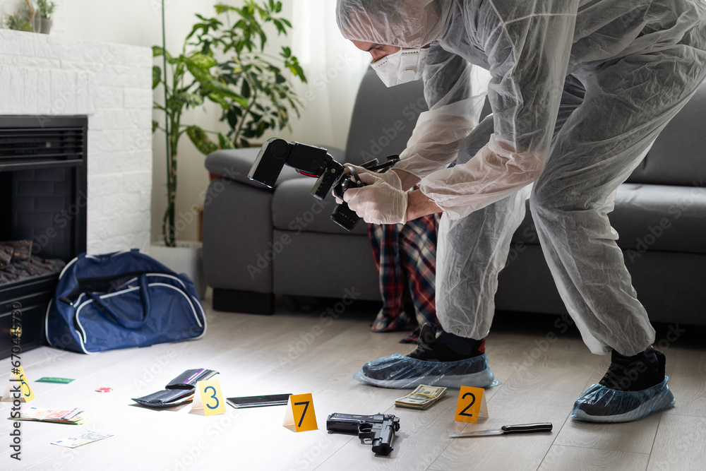Detective Collecting Evidence in a Crime Scene. Forensic Specialists ...