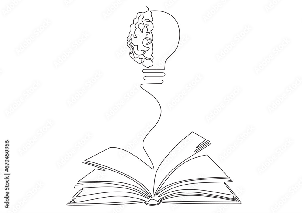 One single line drawing of shining light bulb above open text book logo ...