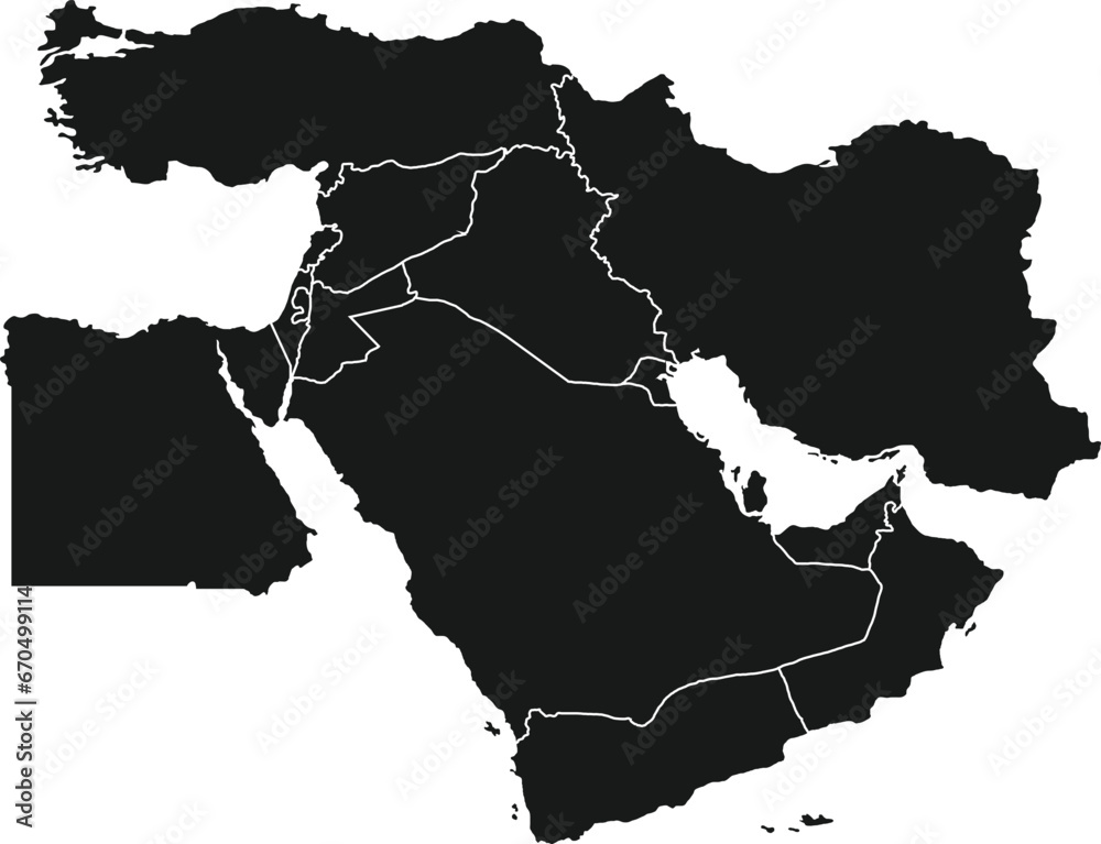 Vector illustration map of Asian countries. Middle East. States borders ...