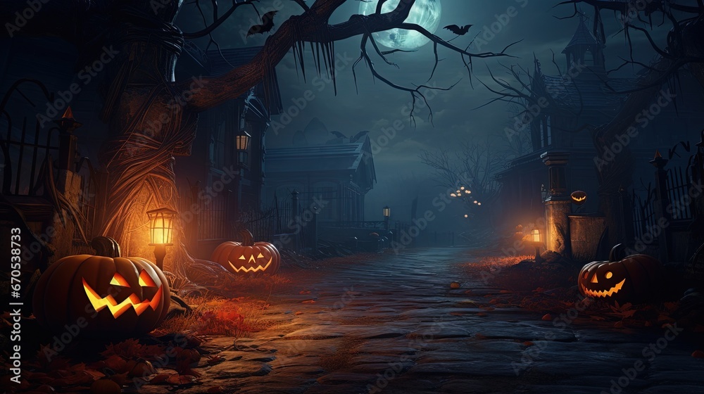 Digital art of Halloween spooky background, scary lantern pumpkin face ...