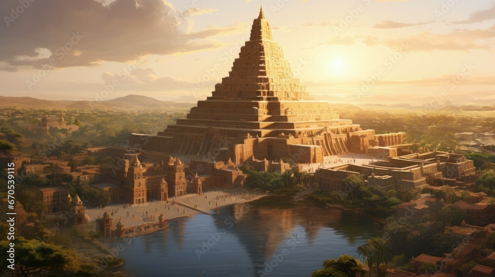 Ancient city of Babylon with the tower of Babel, bible and religion ...