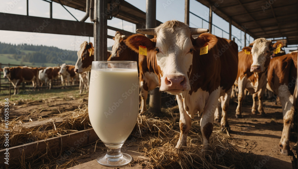 Milk production on a modern technological farm. Industrial farm with ...