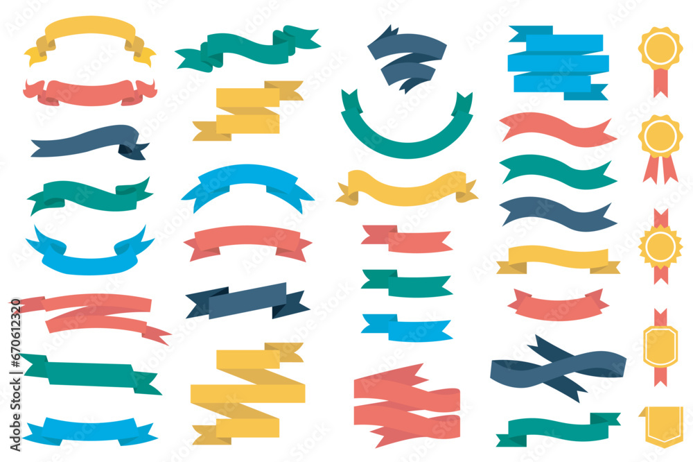 Ribbons mega set in flat cartoon design. Bundle elements of different ...