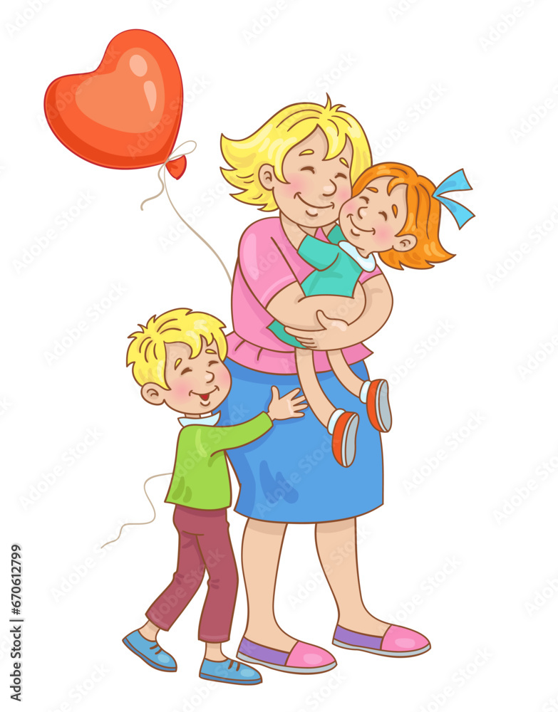 Happy Mother's Day! Happy mother stands hugging her son and daughter ...