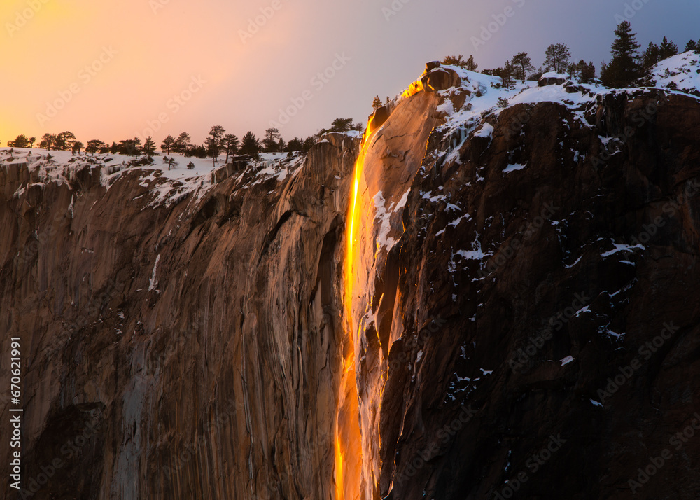 Yosemite Firefall / Backlit Waterfall at Dusk Stock Photo | Adobe Stock