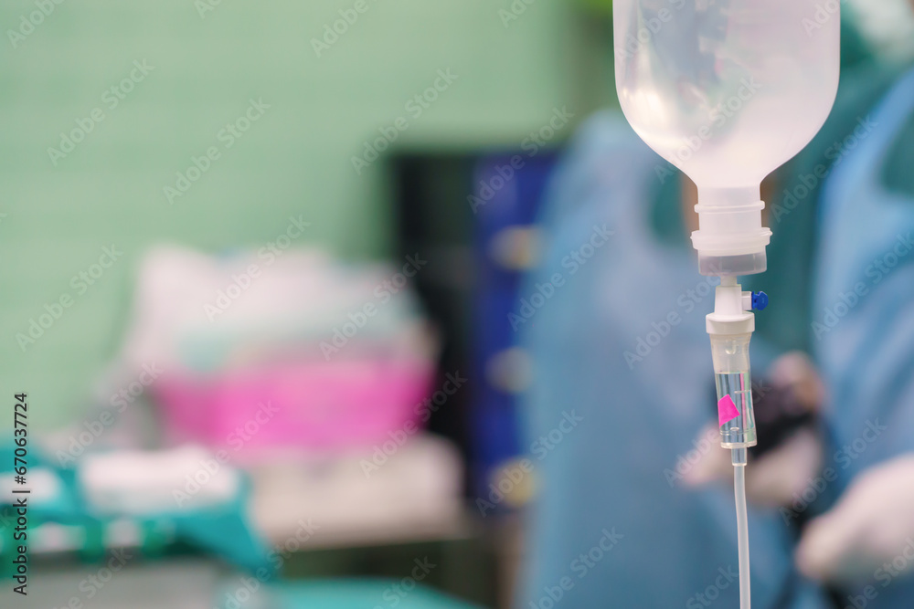 Normal saline solution or sodium chloride with infusion bottle drip for ...