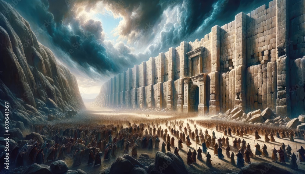 The Battle of Jericho. The walls of Jericho collapsing as the ...