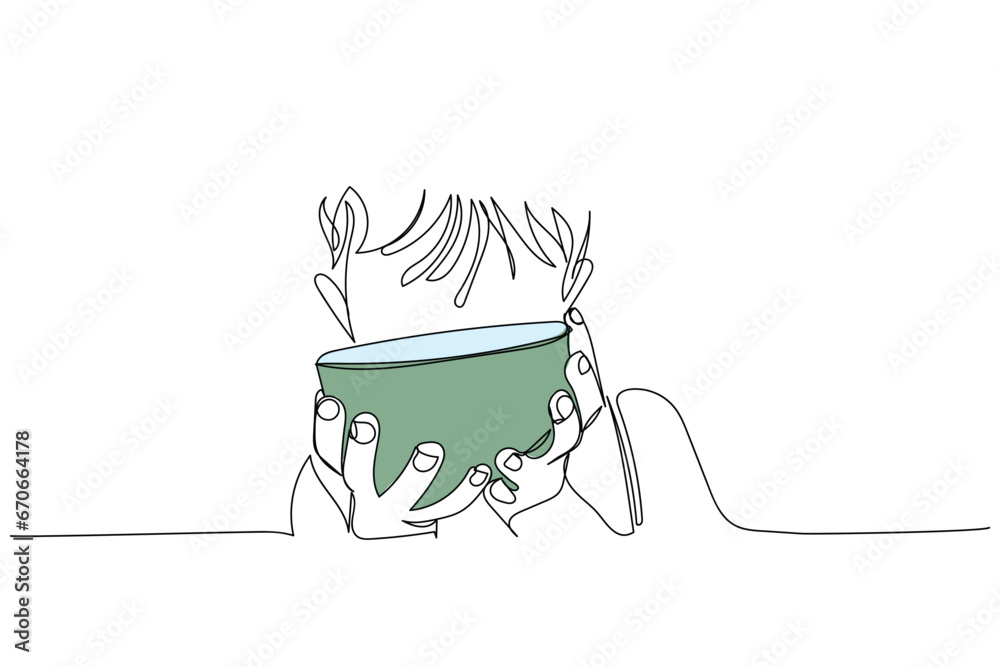 Continuous line art of a kid holding an empty plastic bowl. Hunger and ...