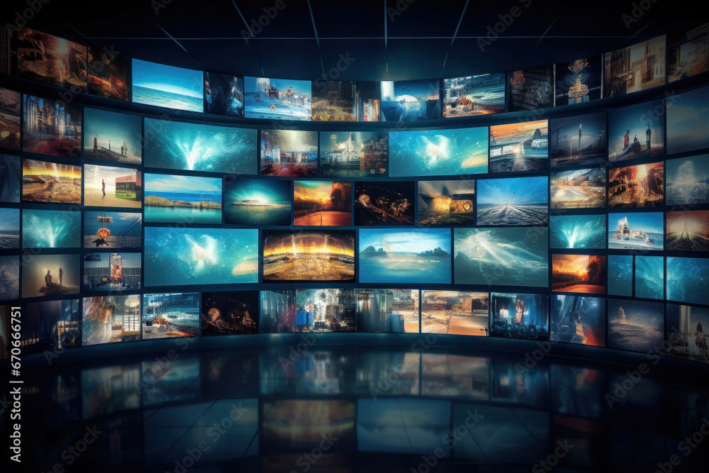 Lots of TV screens in a dark room. Television addiction. Manipulation ...