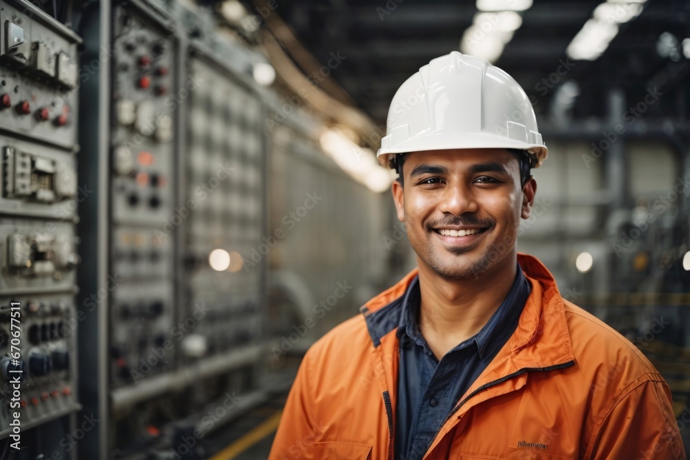 Portrait of proud smiling electrical engineer with hard hat in front of ...