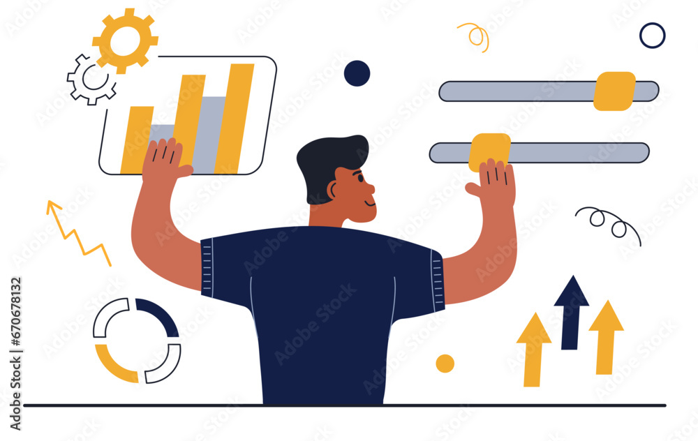 Data analytic scene. Trendy character with diagram. Financial ...