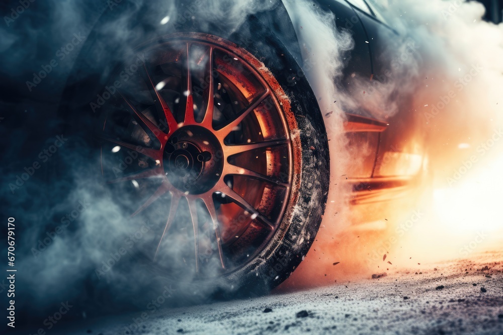 Drifting fast sports car on snowy wet road with skid, car accident ...