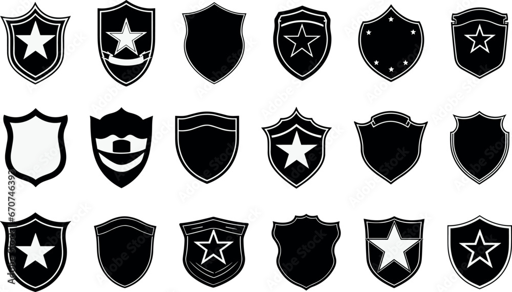 Police badge silhouettes. Black shields with stars, coat award shield ...