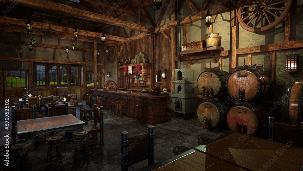 Medieval inn bar with food and drink on tables and daylight through a ...