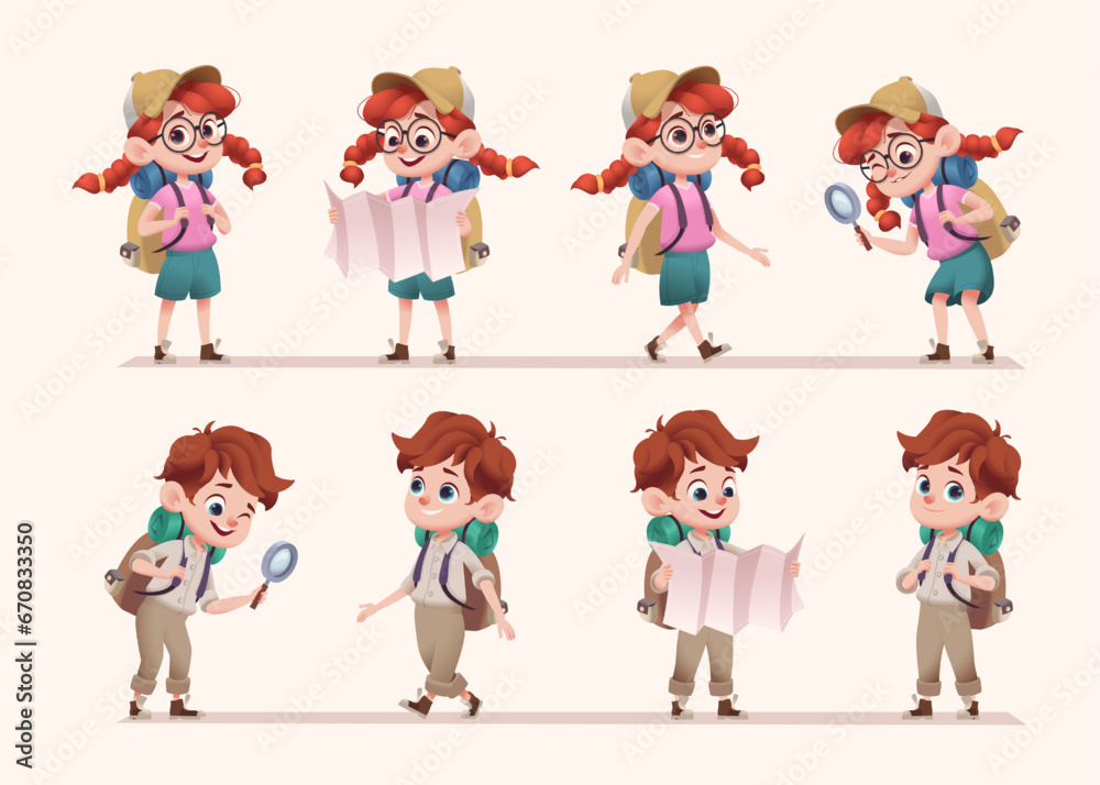 Cartoon characters boy and girl travelers, explorers young children ...