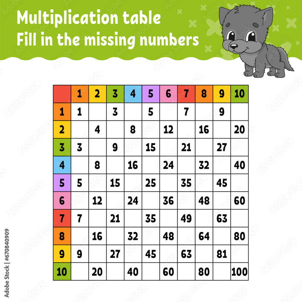 Paste the missing numbers. Learning multiplication table. Handwriting ...