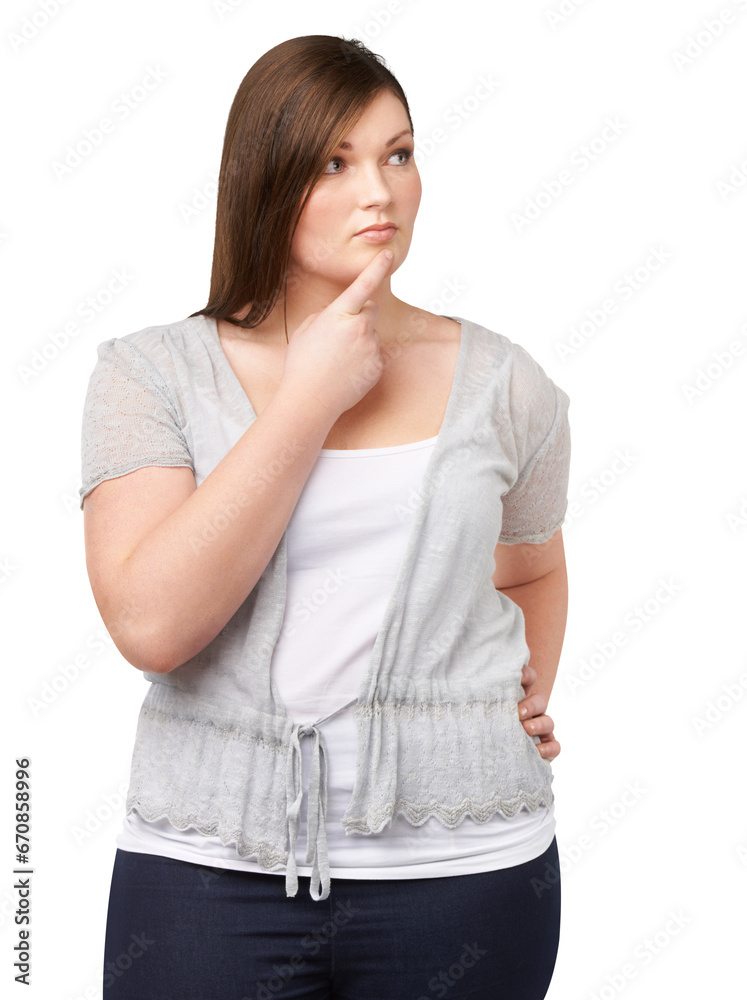 Woman, thinking and decision with vision and choice, young plus size ...