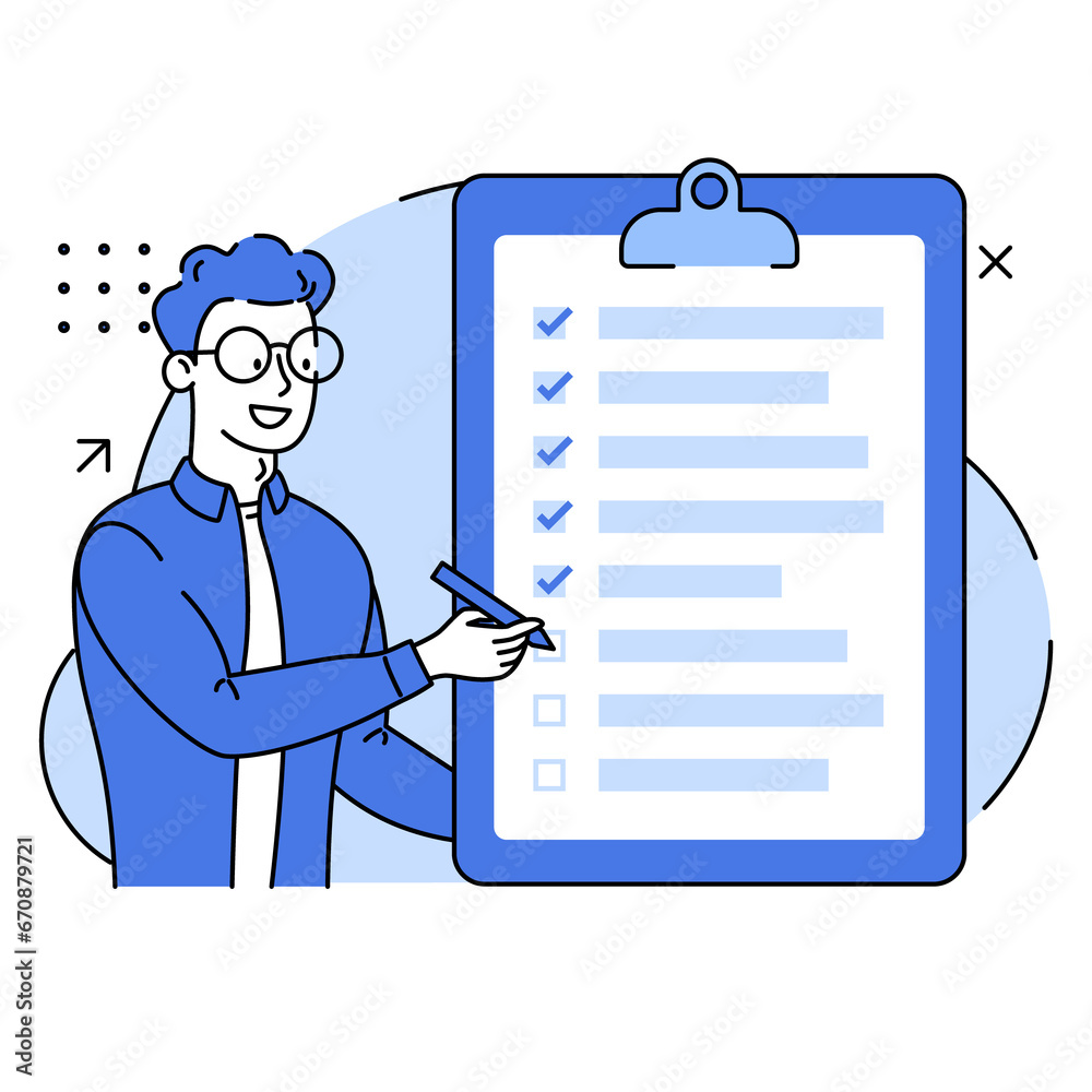 To do list. Man holding clipboard with checklist with check marks, pen ...