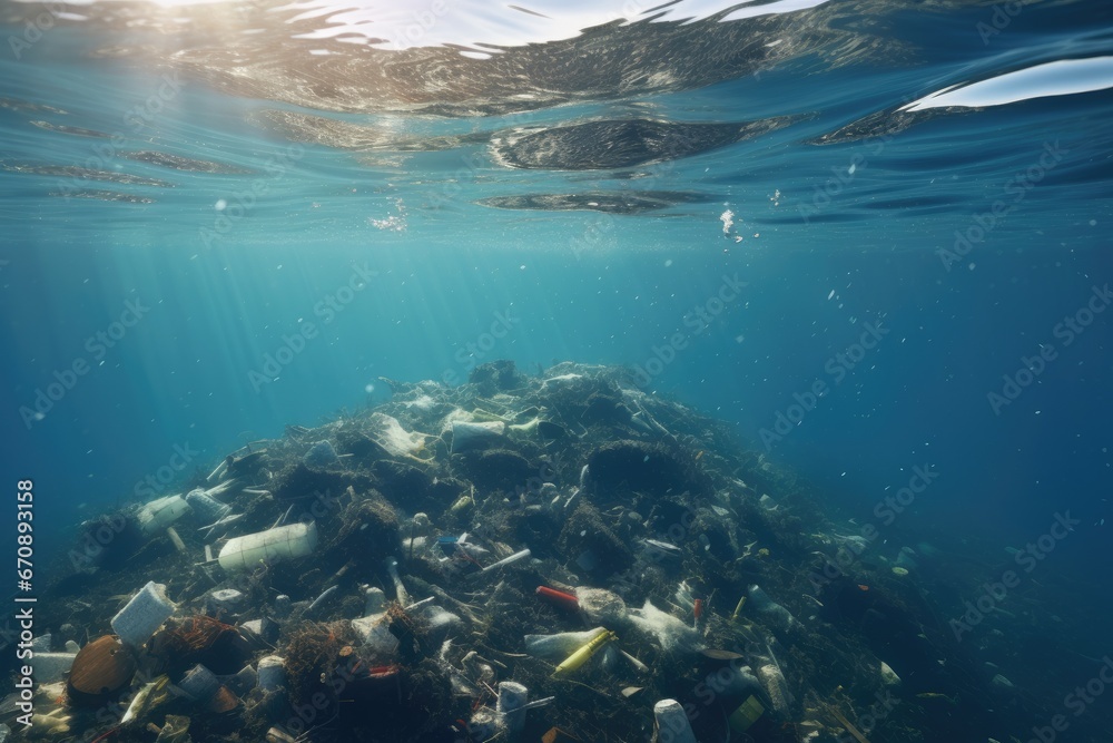 Underwater view of plastic trash and plastic bottles on the seashore ...
