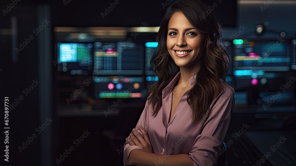 cool smiling female technology worker against dark office background ...