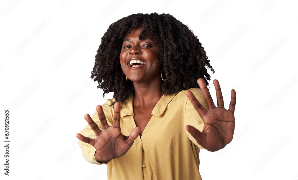Happy, portrait and woman with a stop hand sign for fear, scared or ...