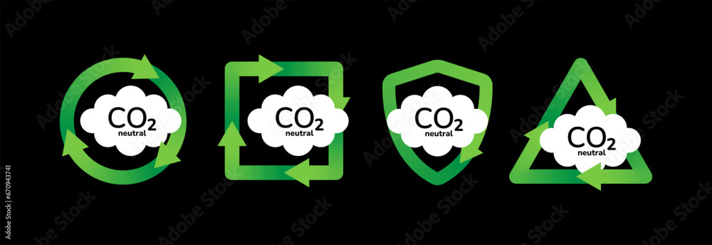 Vector de Stock CO2 neutral label sticker set isolated on dark background. Eco friendly recycle ...