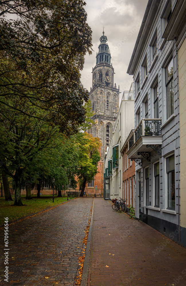 An old street in the city center of the capital Groningen, with the so ...