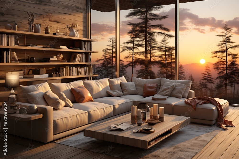 Canapé dans un salon moderne, cosy et chaleureux avec une grand fenêtre ...