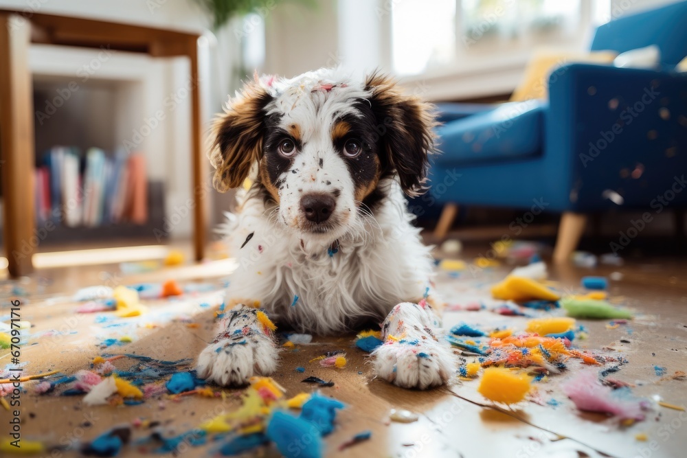 Mischief dog made a mess while being home alone in the living room ...