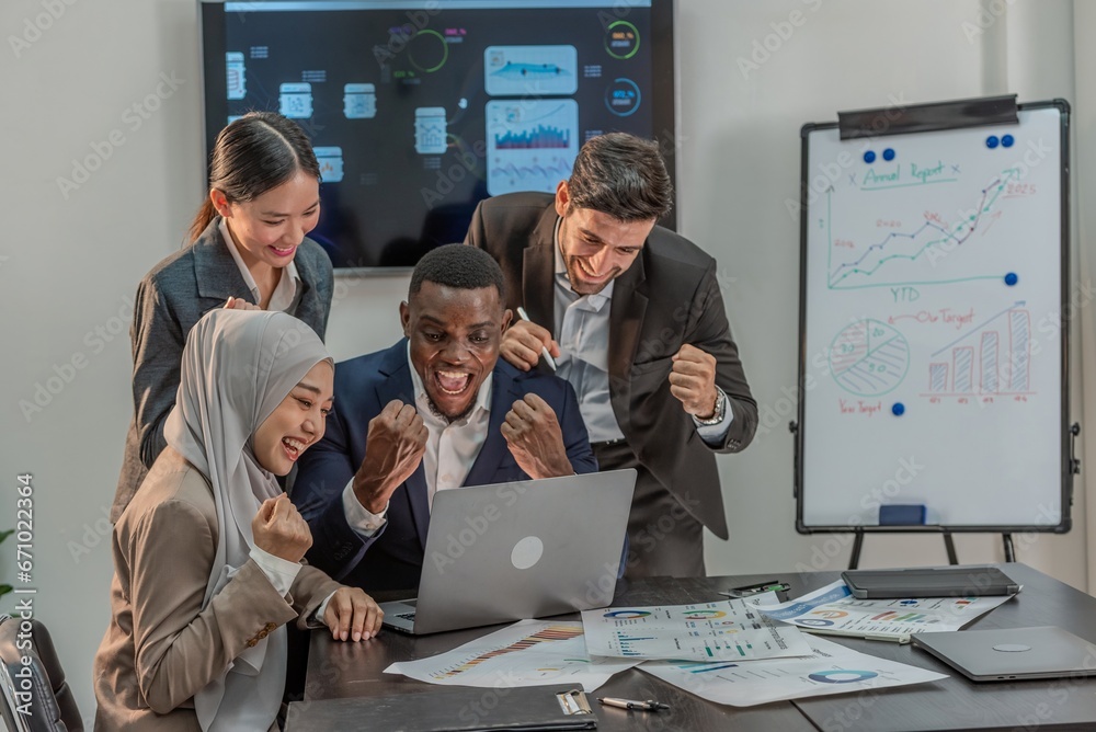 collaboration teamwork partnership multiethnic coworkers look laptop ...