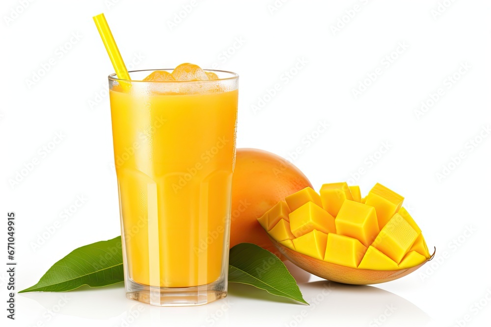 Tall glass of mango juice with mango slice and straw Stock Photo ...