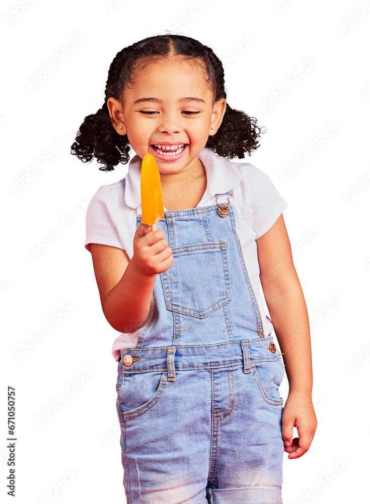 Happy, excited and girl kid with a popsicle for cool snack or sweet ...