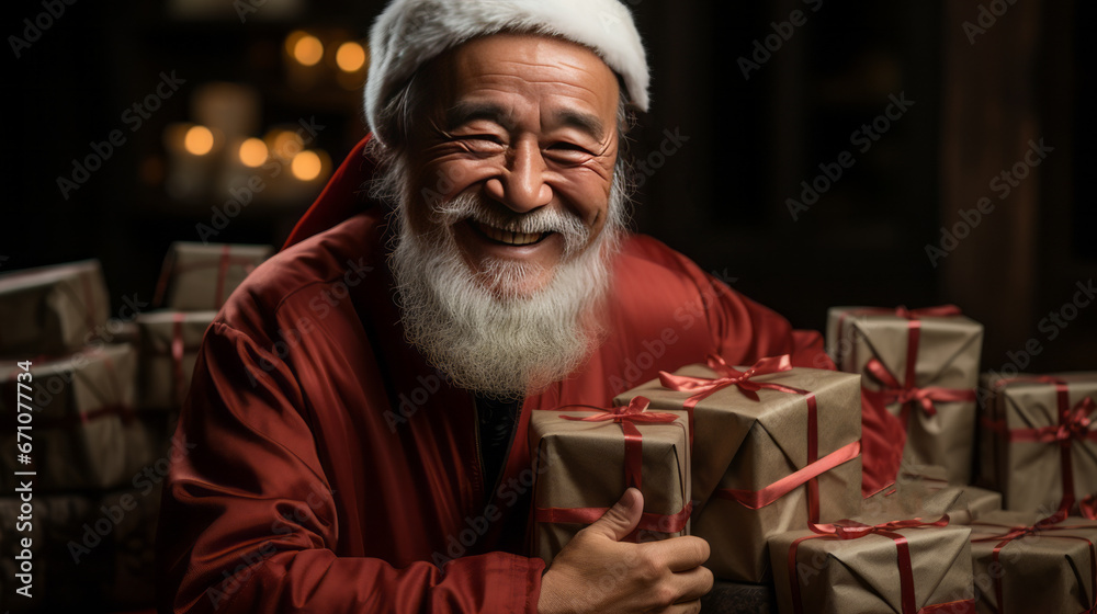 Christmas background with smiling Asian santa claus with a lot of box ...