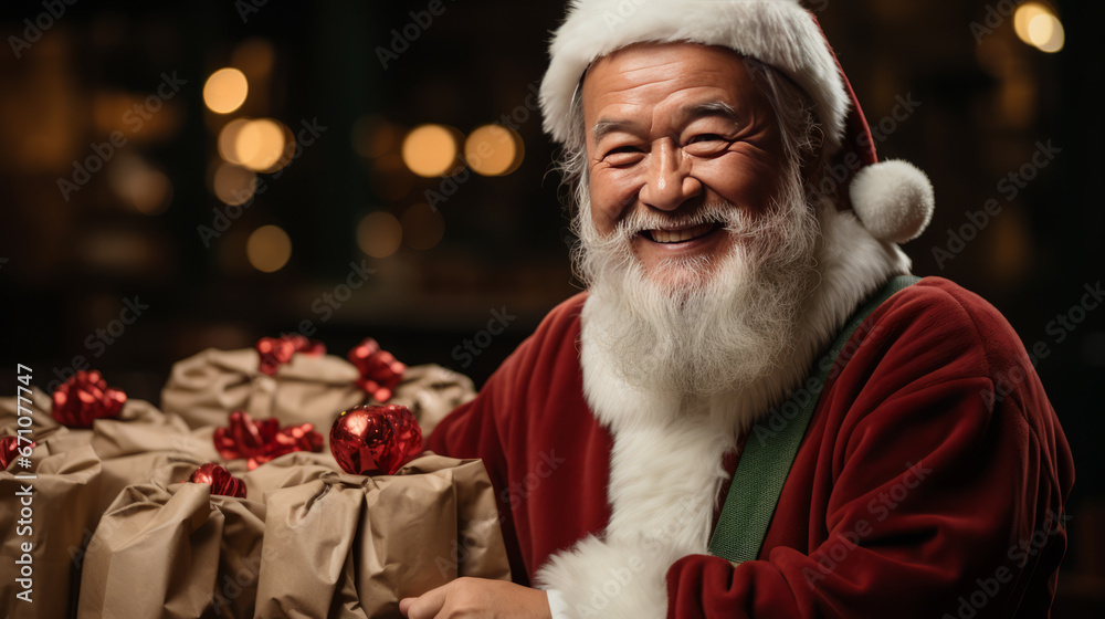 Christmas background with smiling Asian santa claus with a lot of box ...