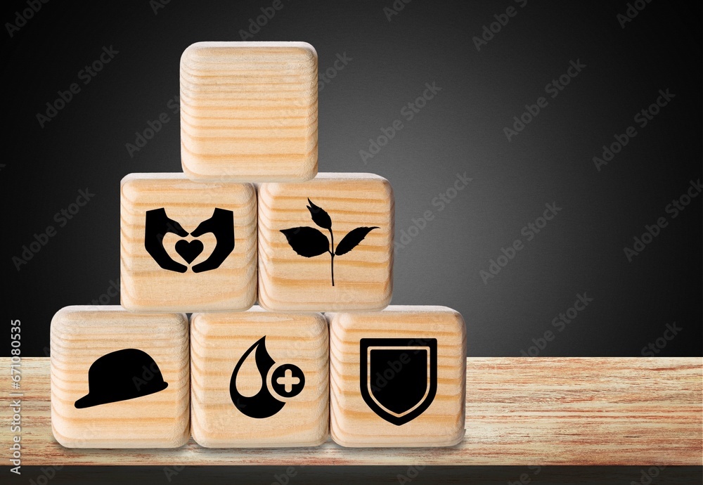 HSE concept. Work safety rules on wooden cubes Stock Photo | Adobe Stock