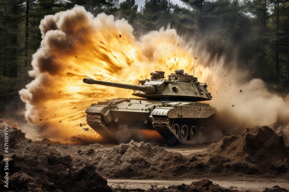 An action shot of a tank firing its main artillery, with the dramatic ...
