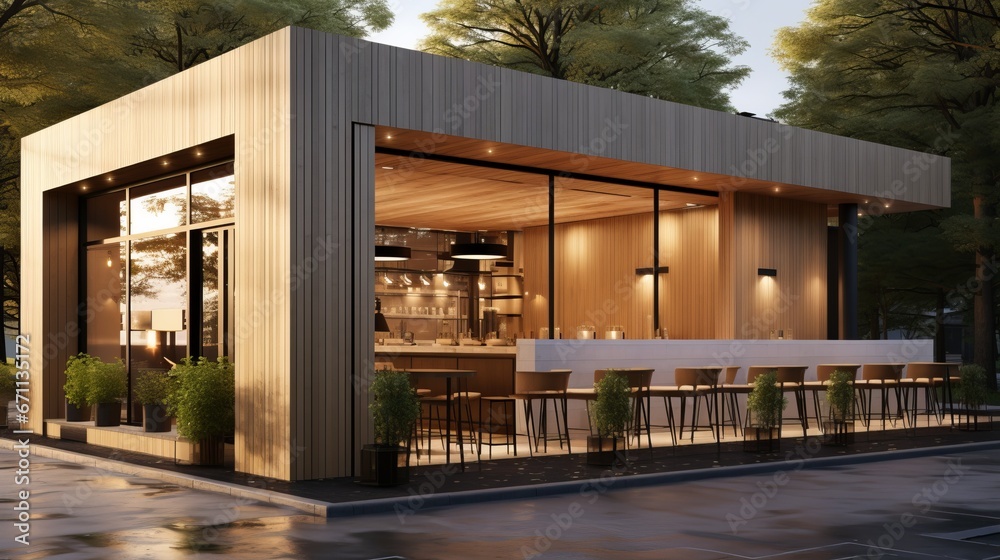 Small modern coffee shop, wooden exterior, realistic render ...