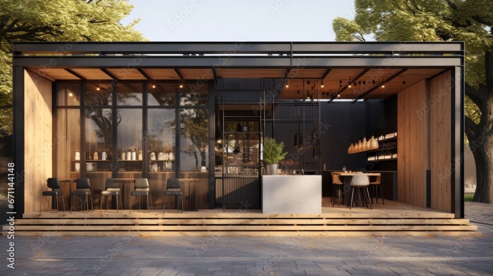 Small modern coffee shop, wooden exterior, realistic render ...