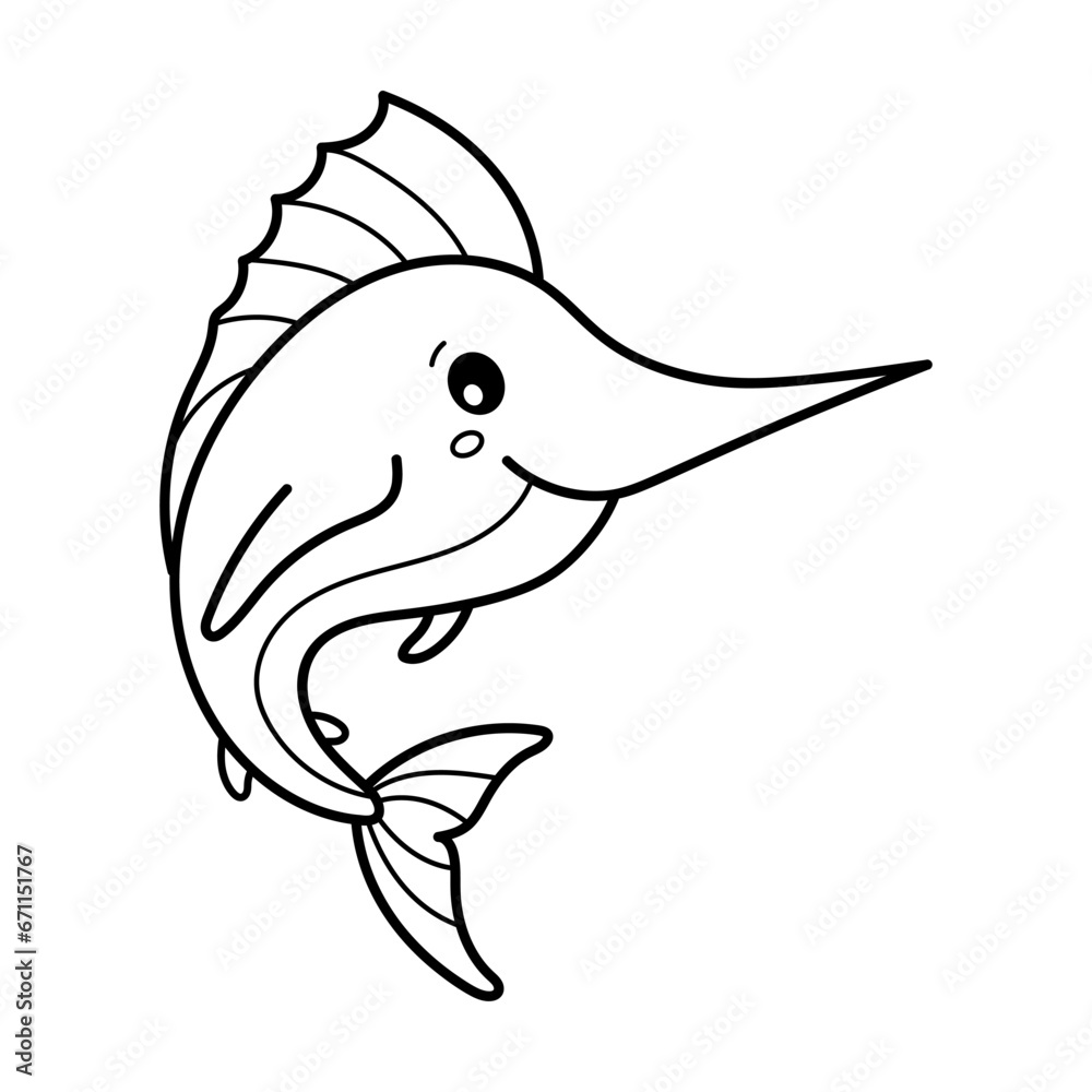 Swordfish. Coloring page, coloring book page. Black and white vector ...