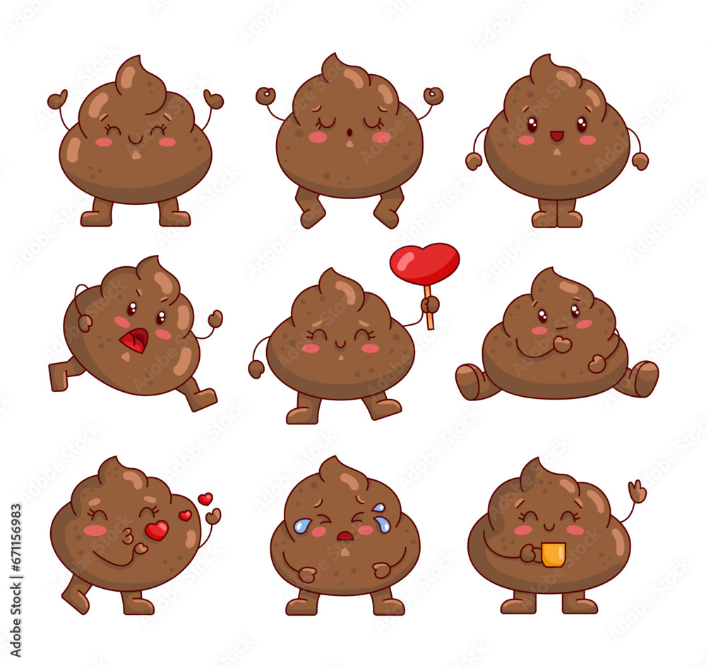 Cute funny poop with arms and legs. Cartoon kawaii characters. Emoticon ...