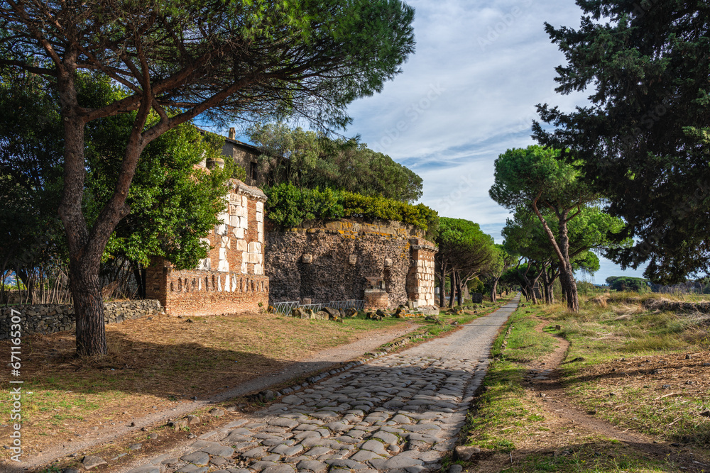 Scenic sight along the ancient Appian Way (Appia Antica) in Rome. Stock ...