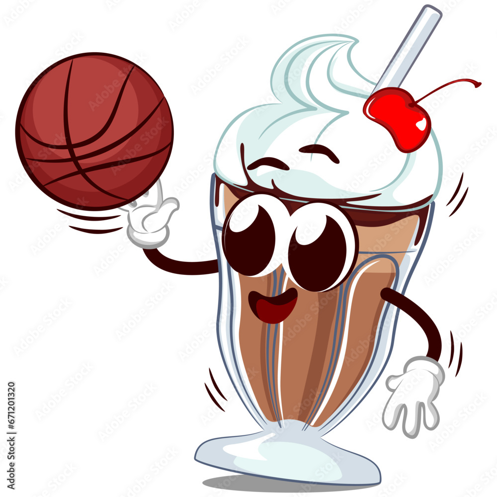 mascot character of a milkshake glass with a funny face playing ...